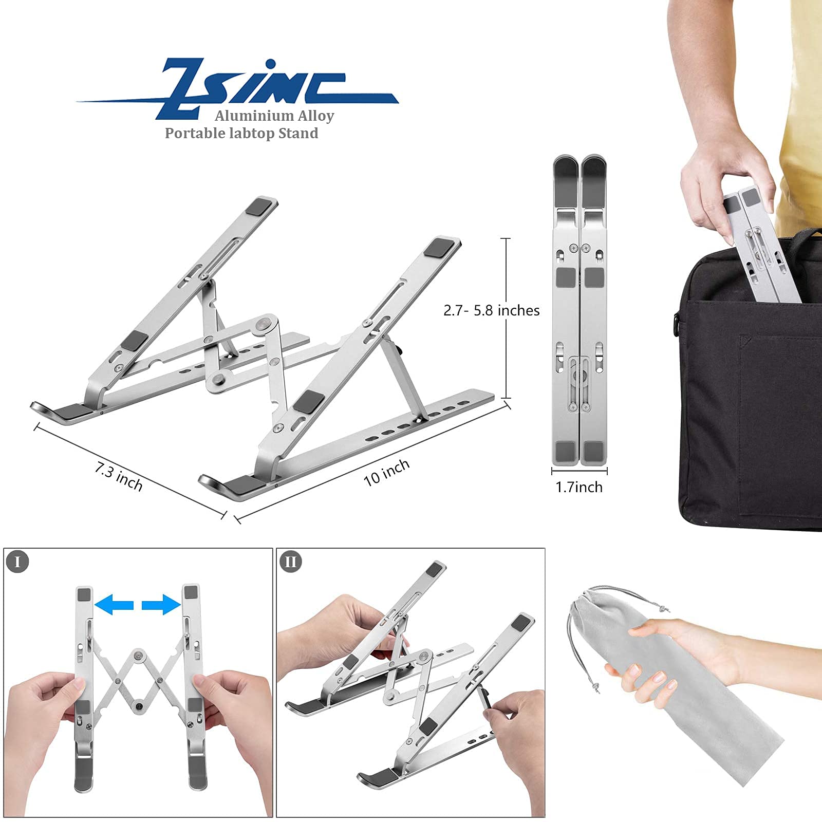 ZSIMC Laptop Stand, Laptop Riser Computer Stand for Desk, Adjustable Aluminum Foldable Portable Desktop Holder, Compatible with MacBook Air pro, iPad, Lenovo, 10-15.6β Laptop and Tablets (Silver)