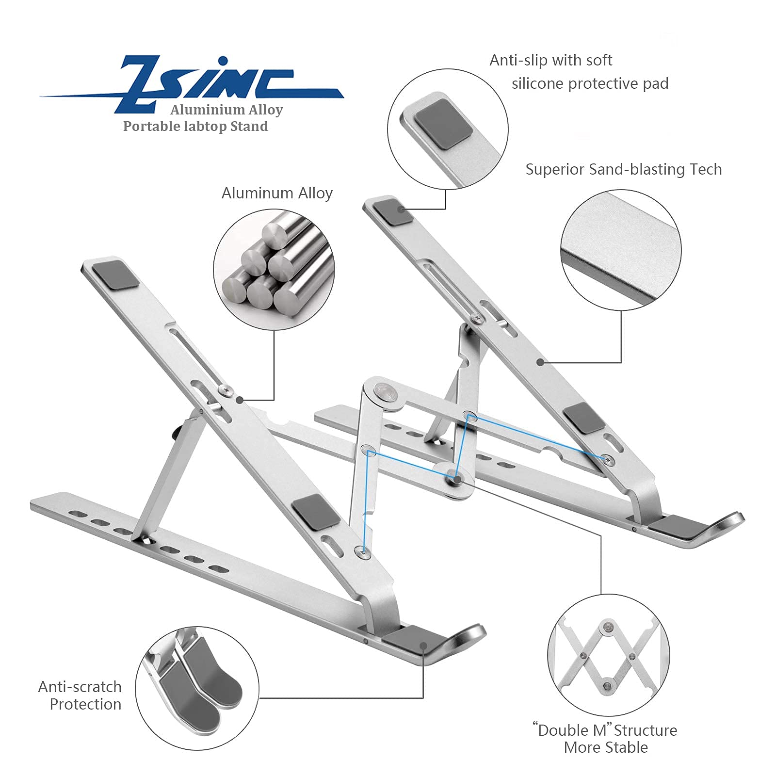 ZSIMC Laptop Stand, Laptop Riser Computer Stand for Desk, Adjustable Aluminum Foldable Portable Desktop Holder, Compatible with MacBook Air pro, iPad, Lenovo, 10-15.6β Laptop and Tablets (Silver)