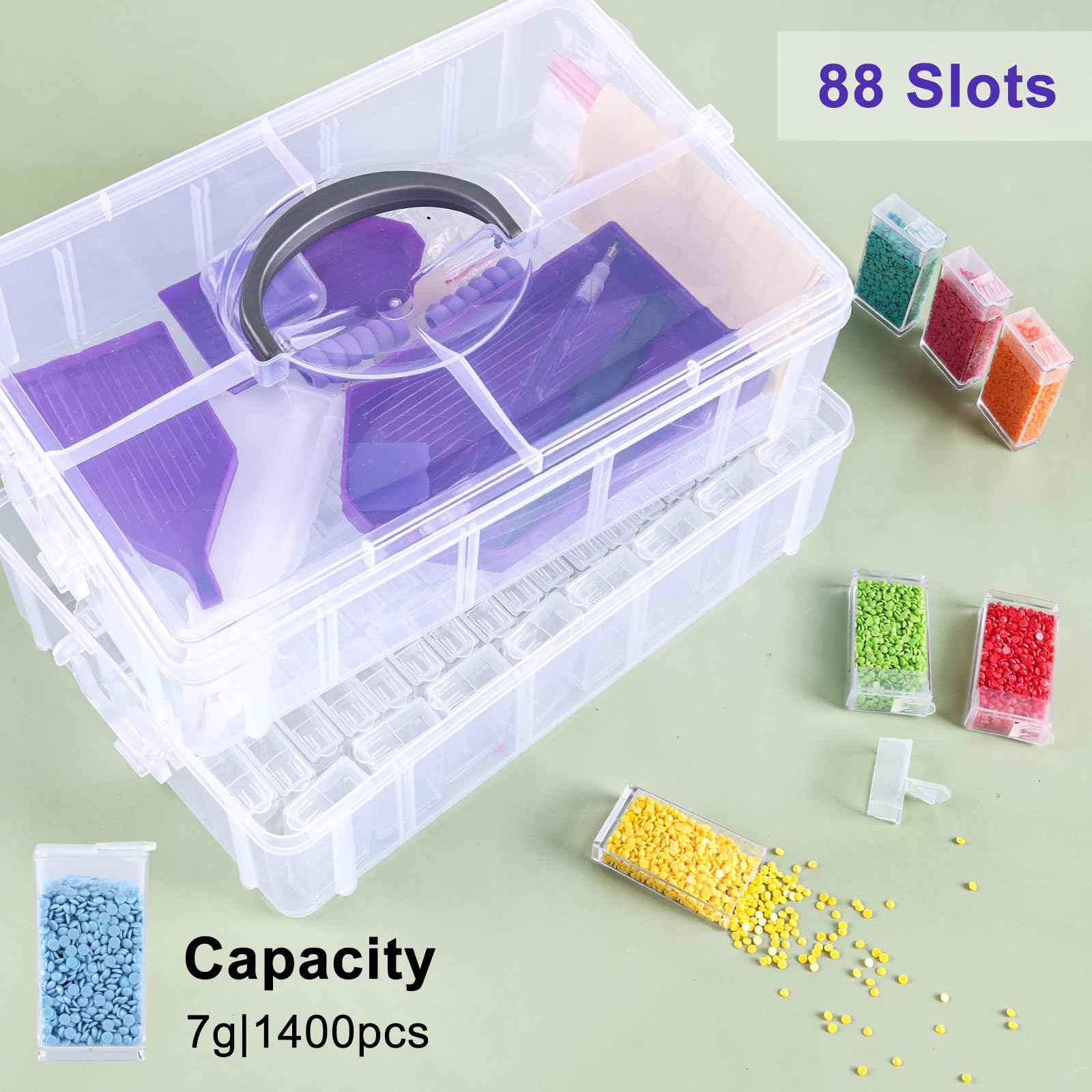 Quefe 2-Tier Diamond Painting Storage Container, 88 Slots Clear Stackable Bead Organzier with Diamond Painting Accessories and Tools for DIY Diamond Art Craft Jewelry Bead Storage