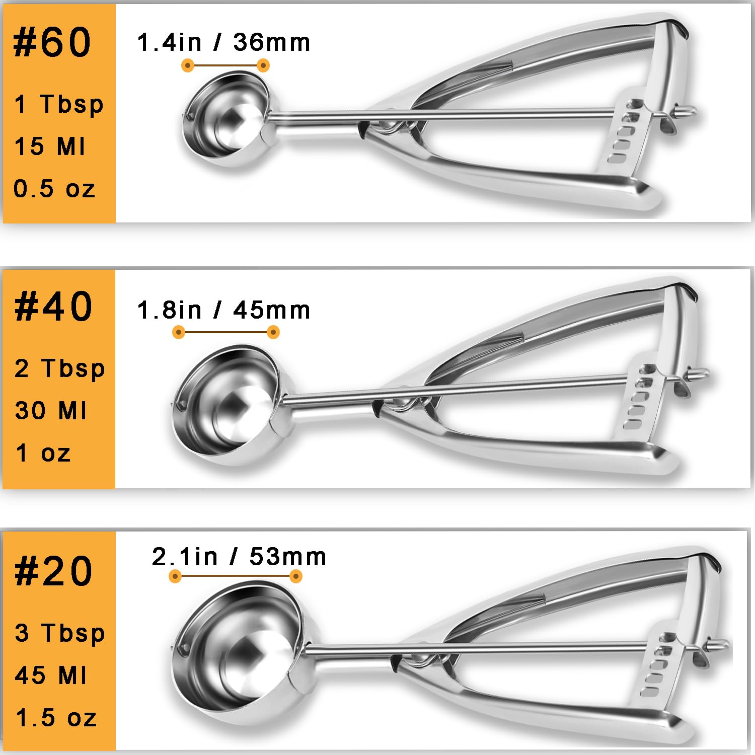 Fayomir Cookie Scoop Set - Small/1 Tablespoon, Medium/2 Tablespoon, Large/3 Tablespoon - Ice Cream Scoop Set, 18/8 Stainless Steel Dough Scoop Cupcake Scoop Melon Baller