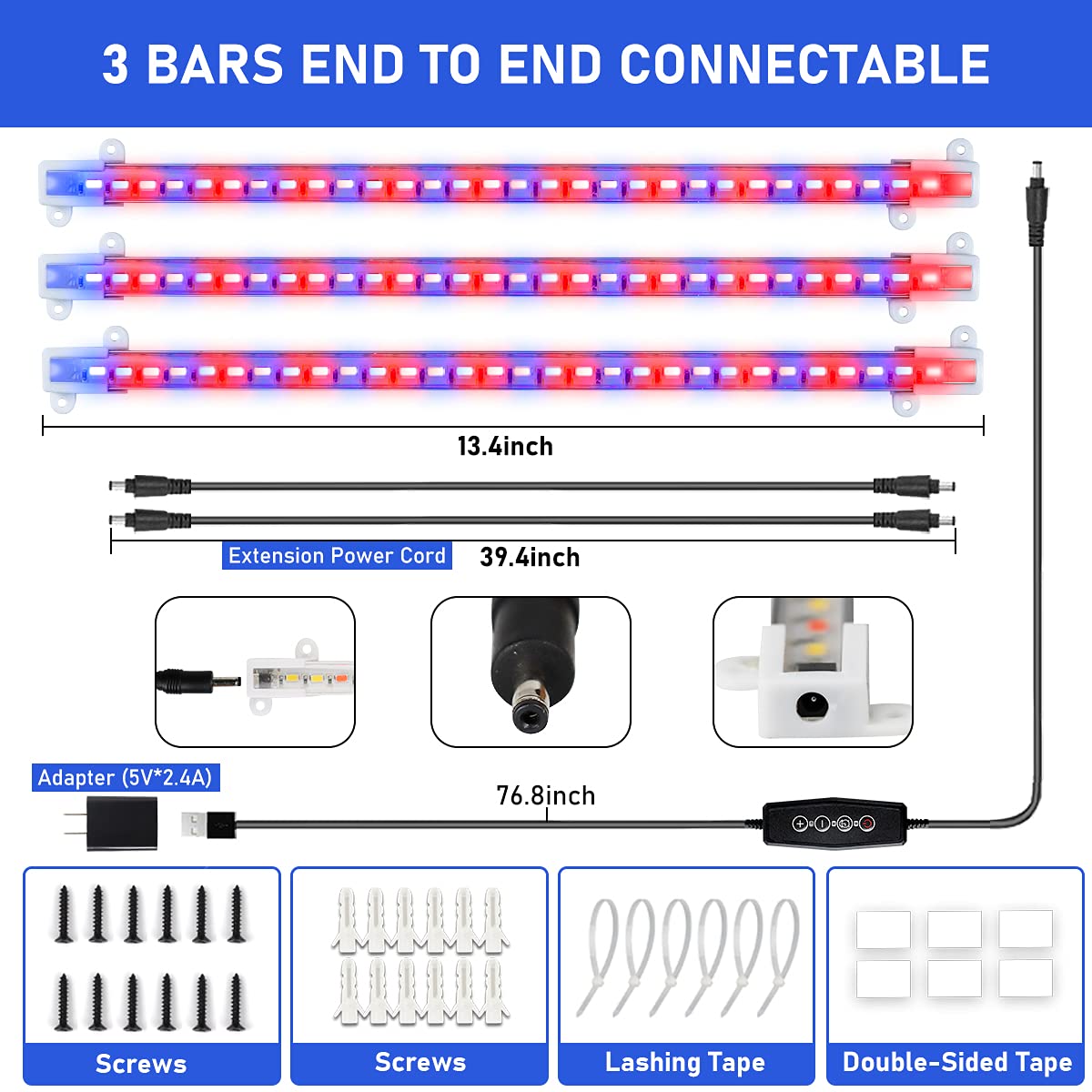 GYTF LED Grow Light Strips for Indoor Plants, 90-Bulb Red Blue Spectrum Dimmable Plant Growing Lamp for Greenhouse, Gardening Seedlings, 4/8/12 Timer, Daisy-Chain Designed