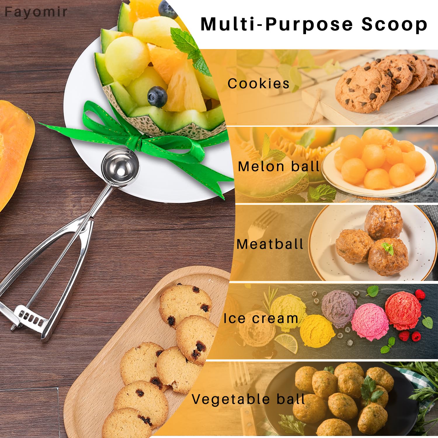 Fayomir Cookie Scoop Set - Small/1 Tablespoon, Medium/2 Tablespoon, Large/3 Tablespoon - Ice Cream Scoop Set, 18/8 Stainless Steel Dough Scoop Cupcake Scoop Melon Baller