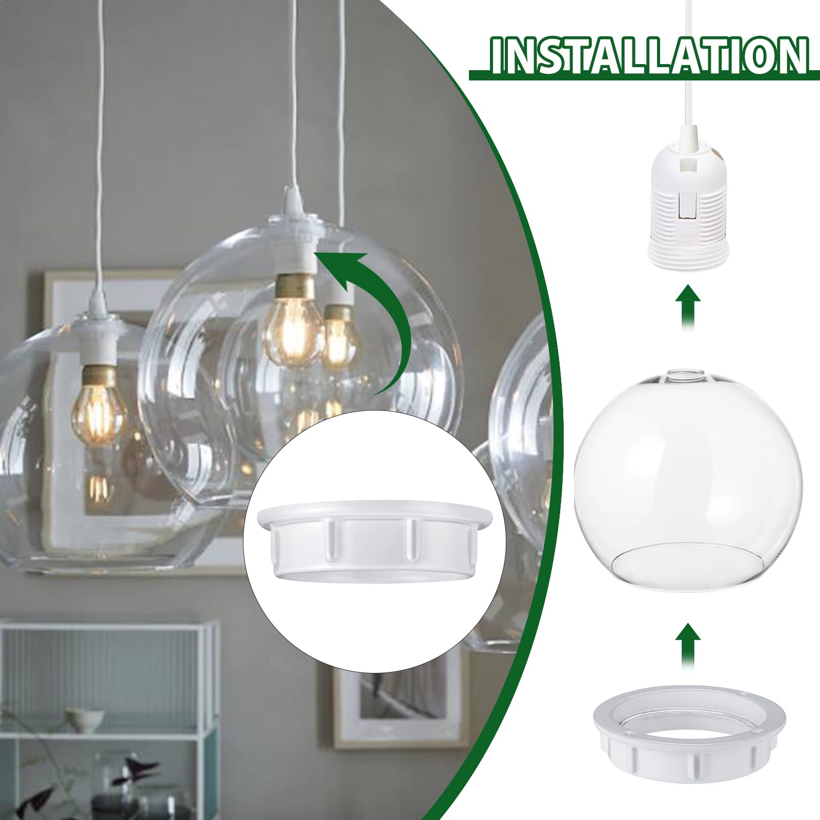 Light Socket Shade Rings,Aluminum Threaded Socket Ring for Medium Base E26 Sockets,Retaining Rings for Glass Lamp Shades/Light Fixtures (4-Pack White Color/For Thread Diameter 1-1/2 Inches)