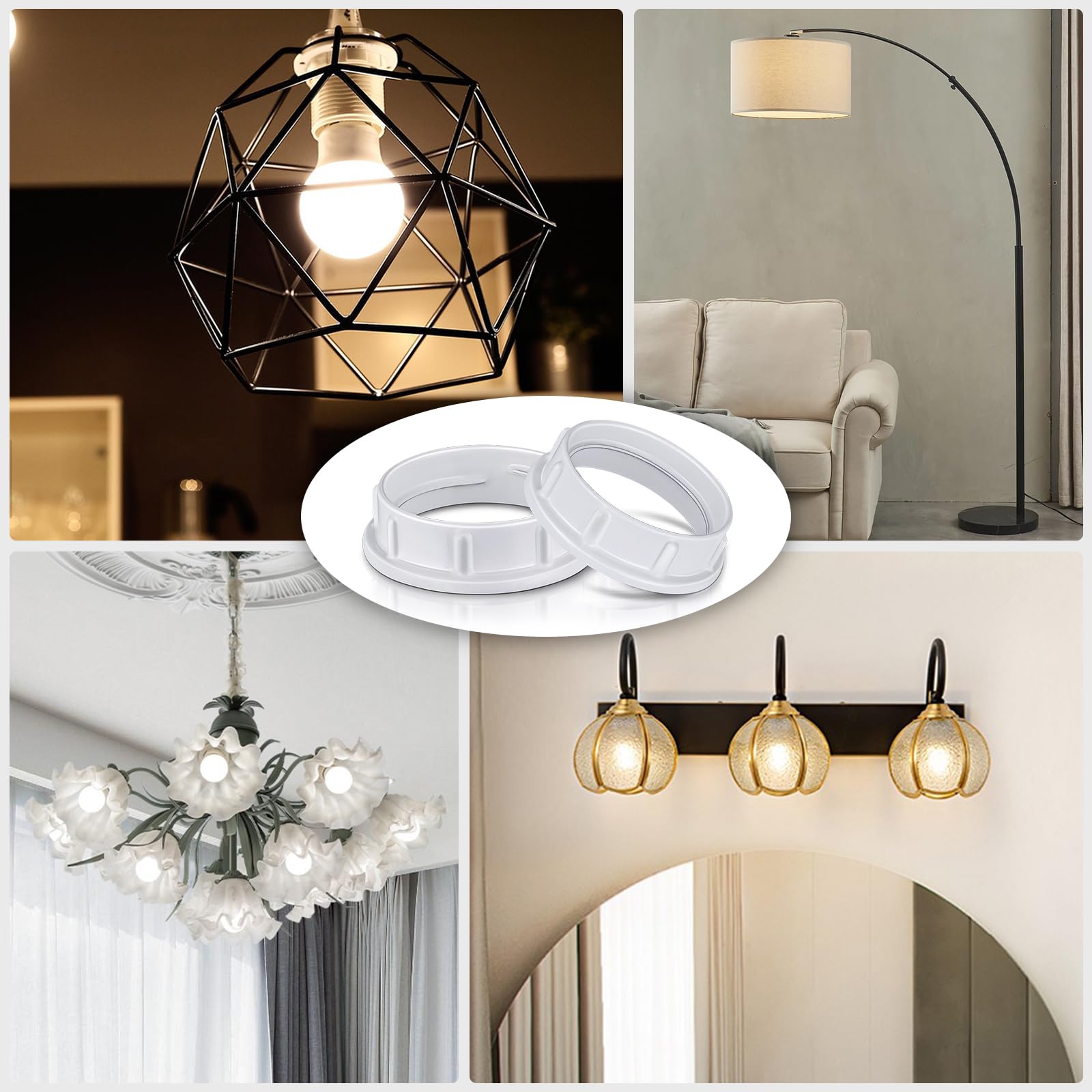 Light Socket Shade Rings,Aluminum Threaded Socket Ring for Medium Base E26 Sockets,Retaining Rings for Glass Lamp Shades/Light Fixtures (4-Pack White Color/For Thread Diameter 1-1/2 Inches)