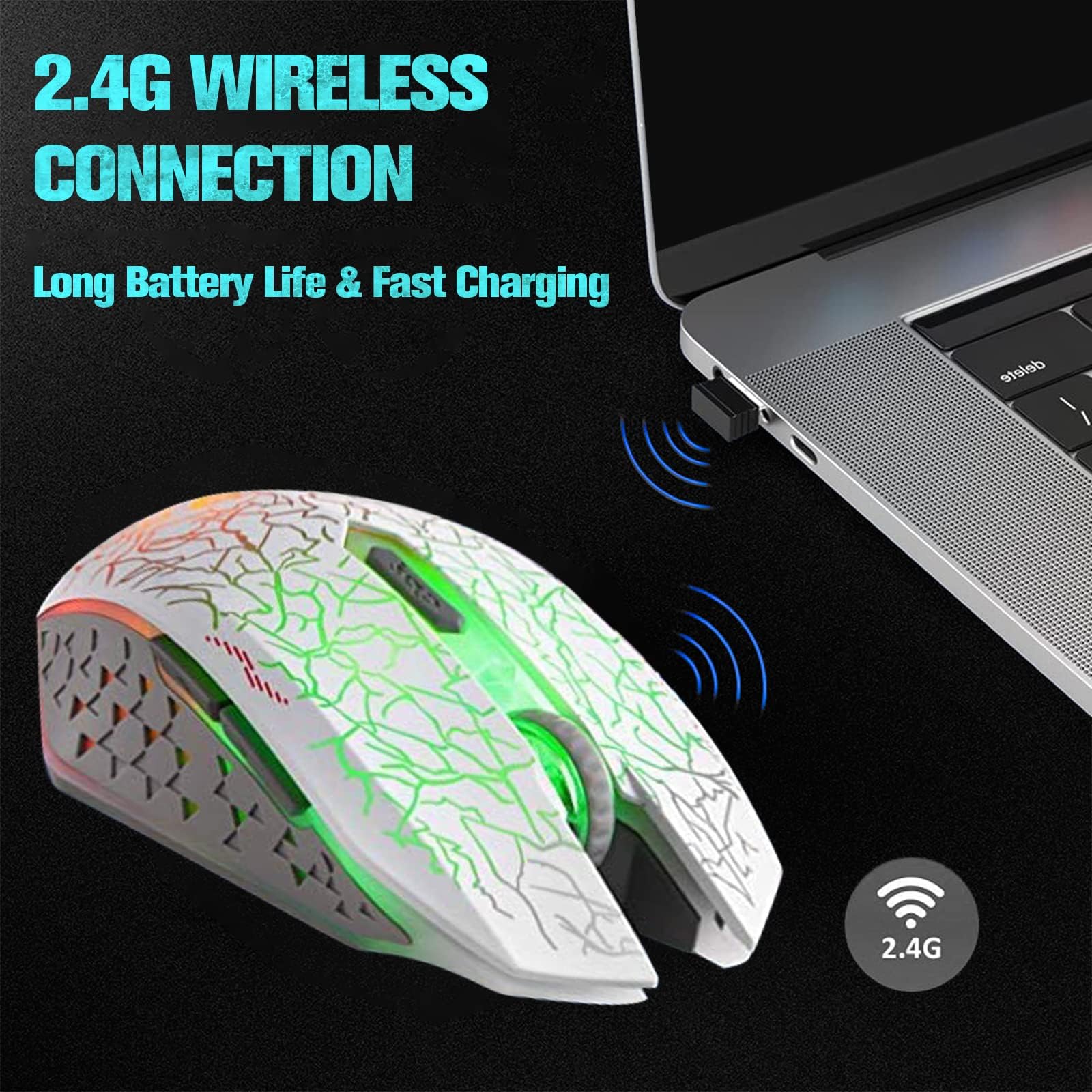 VEGCOO C10 Wireless Gaming Mouse, Rechargeable Gaming Mouse, Silent Optical Mice with 2.4G USB Receiver, 3 Ajustable DPI, 7 Colorful LED Lights for Gamer (White)