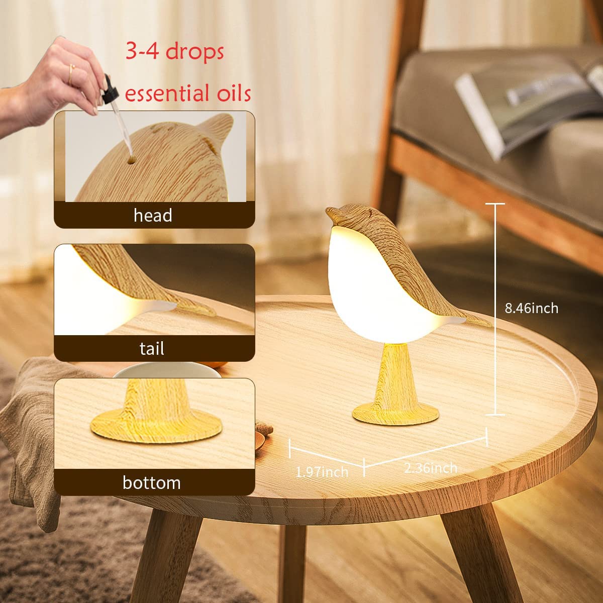 Xhope4u Small Cordless Bedside Lamp, Bird Lamp Touch Sensor, LED Table Lamp with Touch Dimmer,3 Level Brightness Nightstand Lamps, Rechargered Desk Lamp for Bedroom, Office, College Dorm Room