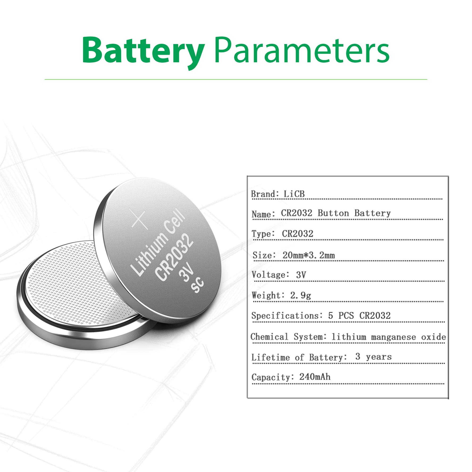 LiCB CR2032 Battery,Long-Lasting & High Capacity CR2032 Lithium Batteries,3 Volt Coin & Button Cell (5-Pack)