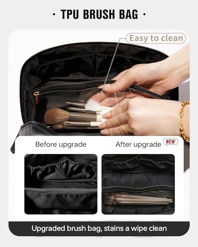 EACHY Travel Makeup Bag, Large Capacity Cosmetic Bags for Women, Waterproof Portable Open Flat Toiletry Bag Make up Bag with Divider and Handle (Checkered-Black, Medium)