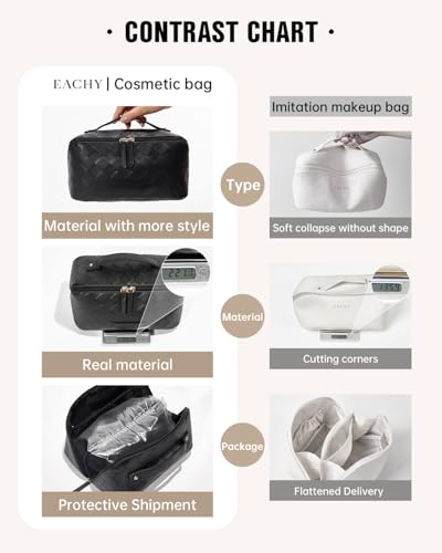 EACHY Travel Makeup Bag, Large Capacity Cosmetic Bags for Women, Waterproof Portable Open Flat Toiletry Bag Make up Bag with Divider and Handle (Checkered-Black, Medium)