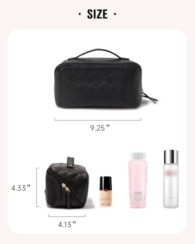 EACHY Travel Makeup Bag, Large Capacity Cosmetic Bags for Women, Waterproof Portable Open Flat Toiletry Bag Make up Bag with Divider and Handle (Checkered-Black, Medium)