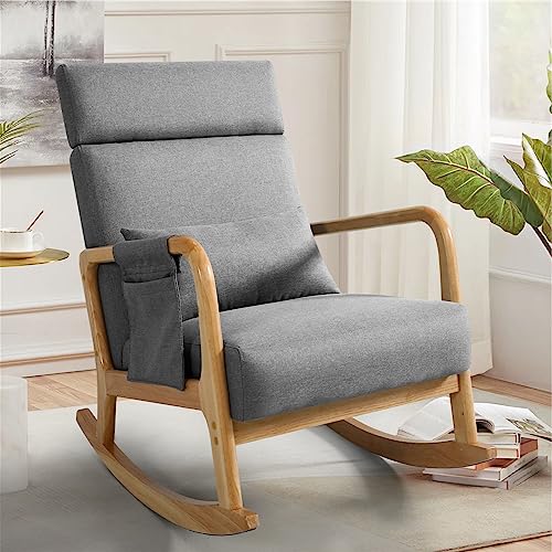 YuuYee Patio Rocking Chair Outdoor/Indoor, Wooden Glider Rocker Chair with Lumbar Pillow, Modern Upholstered Comfy Accent Living Room Chairs for Adults, Head/Neck Supporting, Side Pocket (Grey)