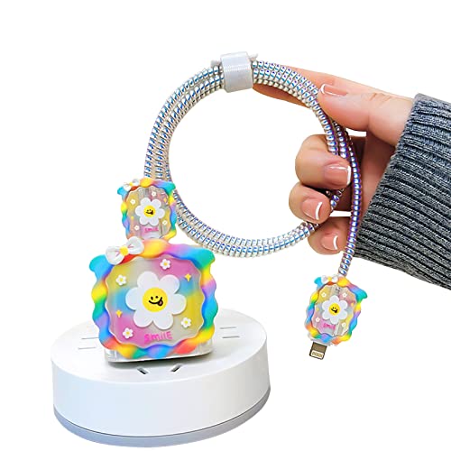Lovely Waves Cable Protector for iPhone Charger, Colorful Smiley Sunflower Pattern Design,Data Line Cable USB Wire Cord Saver Charger Protector Compatible with iPhone 7 8 11 12 13 14 Pro Max Plus