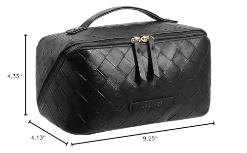 EACHY Travel Makeup Bag, Large Capacity Cosmetic Bags for Women, Waterproof Portable Open Flat Toiletry Bag Make up Bag with Divider and Handle (Checkered-Black, Medium)
