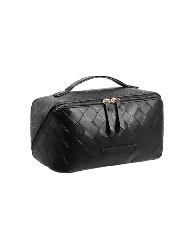 EACHY Travel Makeup Bag, Large Capacity Cosmetic Bags for Women, Waterproof Portable Open Flat Toiletry Bag Make up Bag with Divider and Handle (Checkered-Black, Medium)