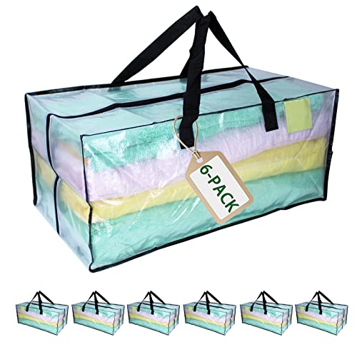 Kiffun Moving Bags Clear Heavy Duty Extra Large Tote Bag with Zippers Handles & Backpack Trap Easy Packing & Storage for Clothes Blanket 6 Pack