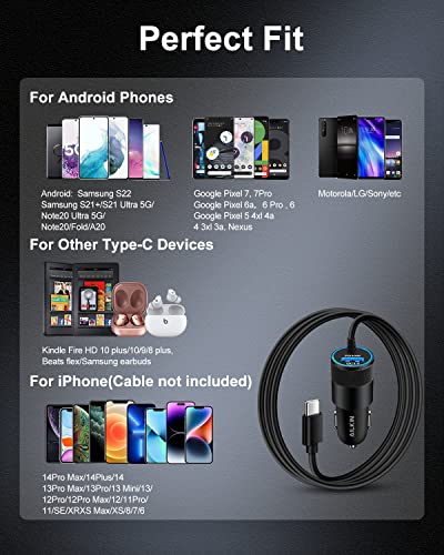 48W USB C Car Charger Fast Charging, 2Port Cigarette Lighter Adapter with 3FT Type C Phone Charger Cable for Samsung Galaxy S23 S22 S21 S20 A03s A13 Z Flip 4, Pixel 7 Pro 6a, iPhone 14 Plus, Moto