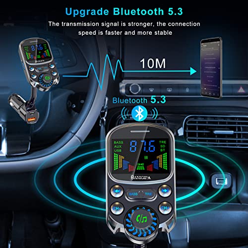 BANIGIPA Upgraded 5.3 Bluetooth FM Transmitter for Car, Hands-Free Wireless Car Stereo Adapter w/ 1.5" Color LCD, 30W USB C PD QC3.0 Fast Charger, 4 Music Play Modes, HiFi BASS&TRE, U Disk/TF/AUX