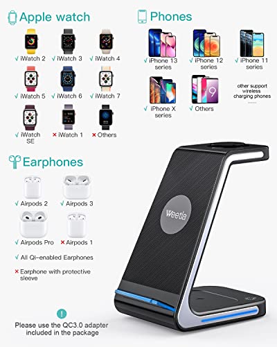 Wireless Charger, Weetla Wireless Charging Station, 3 in 1 Wireless Charging Stand for iPhone/iWatch/Airpods,for iPhone 13,12,11 (Mini,Pro, Pro Max)/XS/XR,for iWatch 7/6/SE/5/4/3/2,for Airpods 2/3/pro