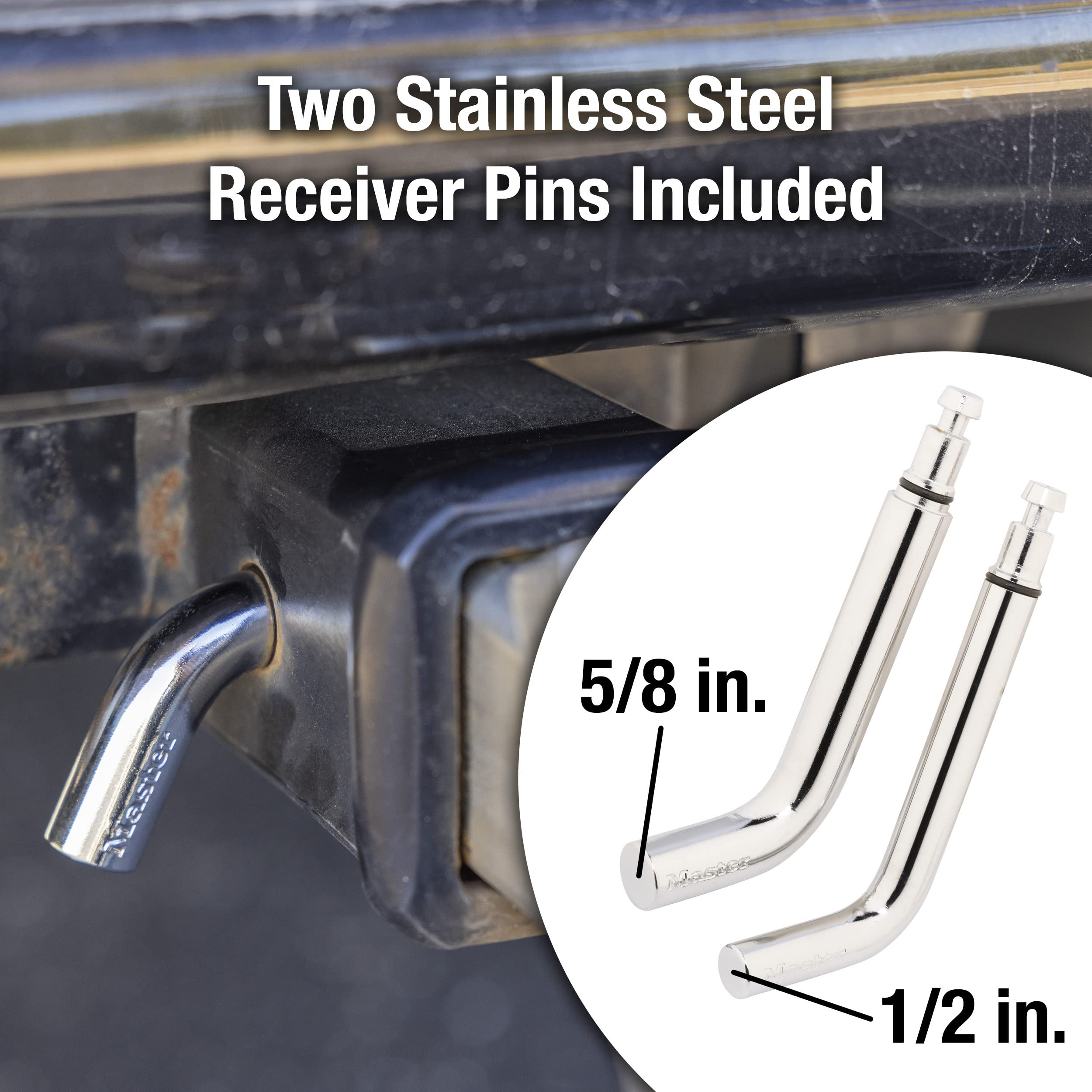 Master Lock Receiver Lock, 1/2 in. and 5/8 in. Swivel Head Receiver Locks, Weather Resistant Automotive Receiver Lock with Keys, 2866DAT