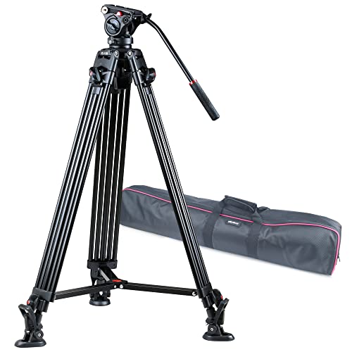 VILTROX VX-18M Professional Heavy Duty Video Camcorder Tripod with Fluid Drag Head and Quick Release Plate, 74" inch,Max Loading 10KG, with Carrying Bag,Horseshoe Shaped Bracket