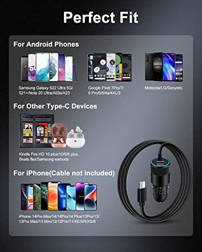 USB C Car Charger, 60W Fast Charge Type C Car Charger Cigarette Lighter Adapter with 3Ft Type C Cable Fast Charging for Samsung Galaxy S23/S22/S21/S20/Note 20/A03s/A23/A53/A04s, Google Pixel 7/6/5/4XL