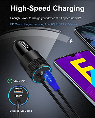 USB C Car Charger, 60W Fast Charge Type C Car Charger Cigarette Lighter Adapter with 3Ft Type C Cable Fast Charging for Samsung Galaxy S23/S22/S21/S20/Note 20/A03s/A23/A53/A04s, Google Pixel 7/6/5/4XL