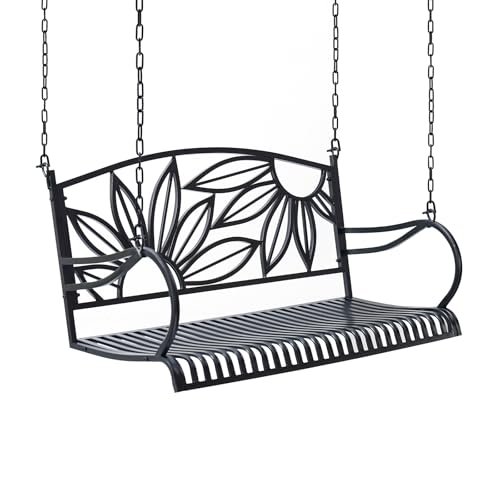 Live Casual Heavy Duty Mariposa Metal Porch Swing, No Cup Holders - Weather-Resistant Black Metal Swing with Comfort Roll Seat