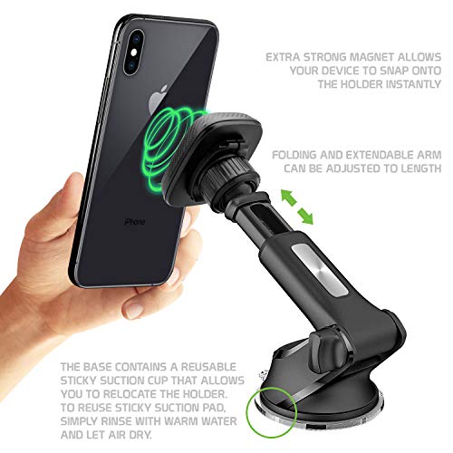 Cellet Magnetic Car Phone Mount, Universal Dashboard & Windshield, Super Strong Suction Cup Car Phone Holder Adjustable Telescopic Long-Arm Compatible with iPhone Samsung Galaxy Google Pixel Moto
