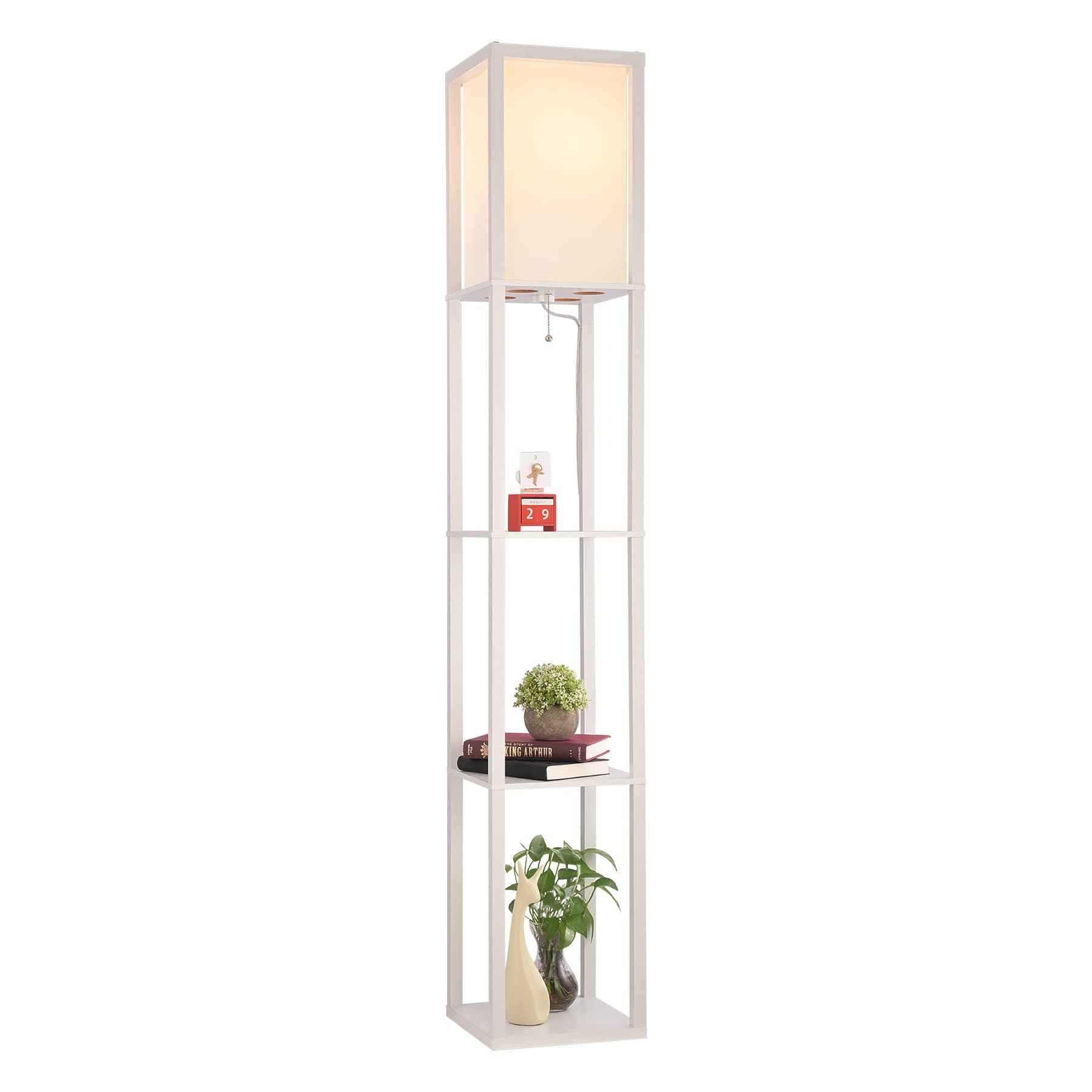 VONLUCE Floor Lamp, Etagere Standing Lamp with 3 Storage Shelves and Fabric Shade for Living Room Bedroom Office Decor, 62" Tall Corner Shelf Lamp for Books Plants (White)