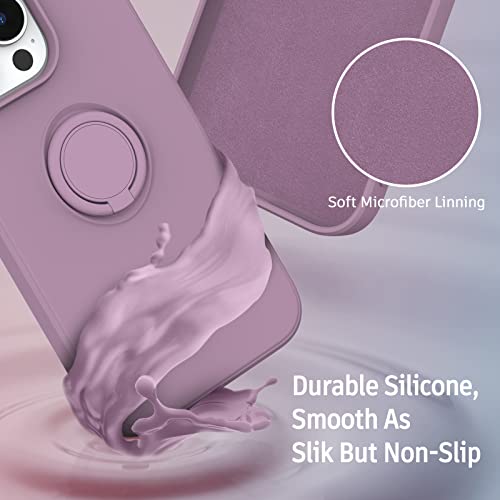 Inbeage [4 in 1 for iPhone 14 Pro Case Ring Stand,with Screen Protector+Camera Lens Protector+Hand Strap,Silky Touch Silicone Cover with 360° Kickstand,6.1 inch (Lilac Purple)
