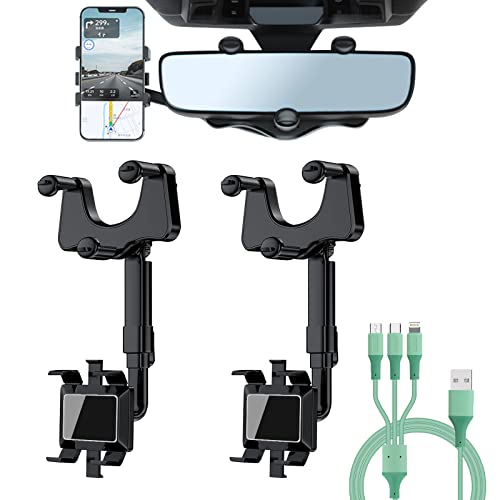 2 Pack Rearview Mirror Phone Holder for Car Multifunctional 360° Rotatable Retractable Car Phone Holder Mount ,Universal Cell Phone Holder Fit All Car and Phone, Charging Cable Included
