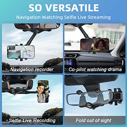 2 Pack Rearview Mirror Phone Holder for Car Multifunctional 360° Rotatable Retractable Car Phone Holder Mount ,Universal Cell Phone Holder Fit All Car and Phone, Charging Cable Included