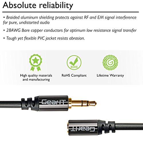 6ft 3.5mm Extension Cable, GearIT Pro Series Preminun Gold Plated 6 Feet 3.5mm Auxiliary Audio Stereo Extension Male to Female Cable, Black