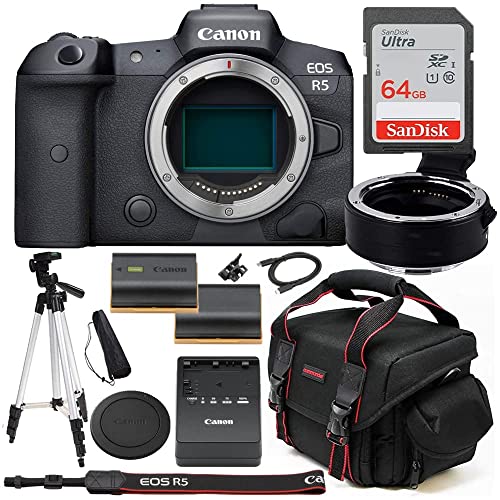 Canon EOS R5 Full Frame Mirrorless Camera (Body Only) Bundle + EOS R Mount Adapter + 64GB Ultra High Speed Memory Card + Accessories Including Extra Battery, Case and Tripod (Renewed)