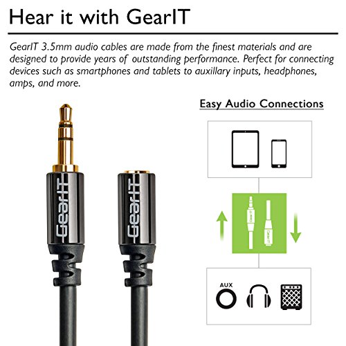 6ft 3.5mm Extension Cable, GearIT Pro Series Preminun Gold Plated 6 Feet 3.5mm Auxiliary Audio Stereo Extension Male to Female Cable, Black