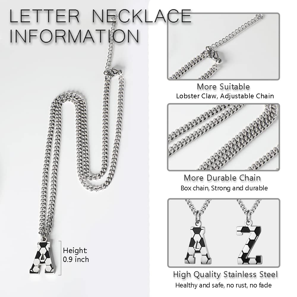 AIAINAGI Soccer Initial A-Z Letter Necklace for Men Soccer Charm Pendant Stainless Steel Silver Chain 22inch Personalized Soccer Gift for Men(A)
