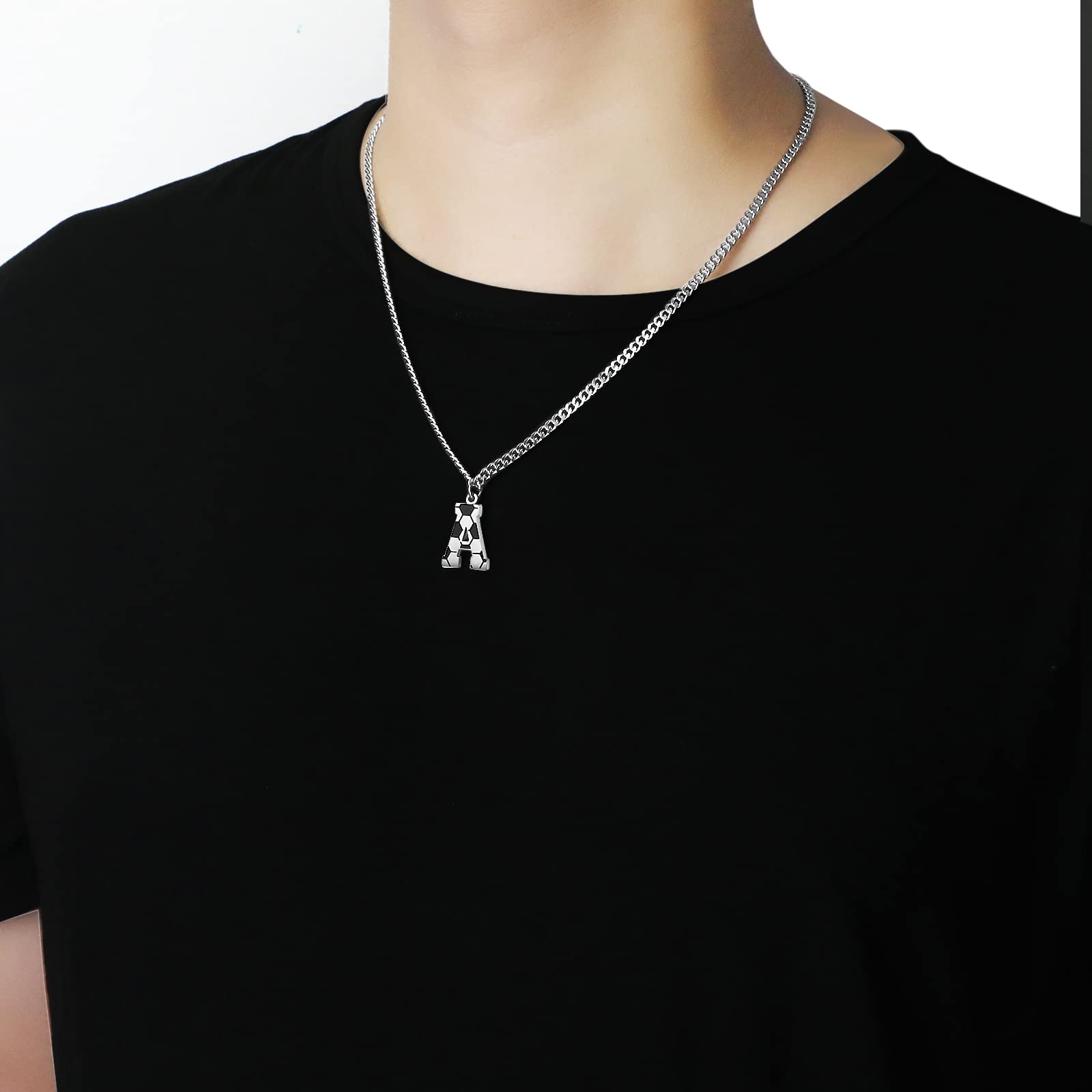 AIAINAGI Soccer Initial A-Z Letter Necklace for Men Soccer Charm Pendant Stainless Steel Silver Chain 22inch Personalized Soccer Gift for Men(A)