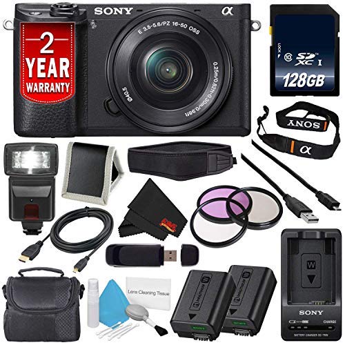 Sony Alpha a6300 Mirrorless Digital Camera with 16-50mm Lens (International Model) + NP-FW50 Replacement Lithium Ion Battery + External Rapid Charger + 128GB Class 10 Memory Card Bundle