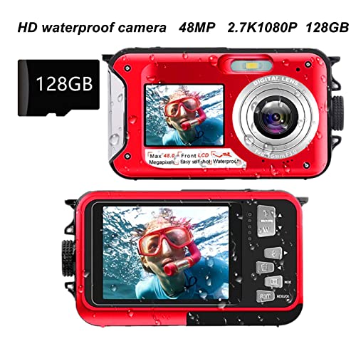 Pomya Full HD 2.7K 48MP Digital Camera, Double Screens 16X Digital Zoom Front Rear Camera, 10ft Waterproof Underwater Digital Camera for Indoor and Outdoor(Red)