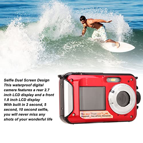Pomya Full HD 2.7K 48MP Digital Camera, Double Screens 16X Digital Zoom Front Rear Camera, 10ft Waterproof Underwater Digital Camera for Indoor and Outdoor(Red)