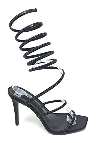 Wild Diva Women's Formal Rhinestone Coil Spiral Ankle Wrap Strap High Stiletto Heels Nars-12 (Black SA, us_Footwear_Size_System, Adult, Women, Numeric, Medium, Numeric_10)