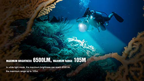 TrustFire DF50 Scuba Diving Light, 6500 Lumens Video Camera Photography Dive LED Flashlight, USB Rechargeable Torch, 70M Underwater, Super Bright, with Violet Red White Lights