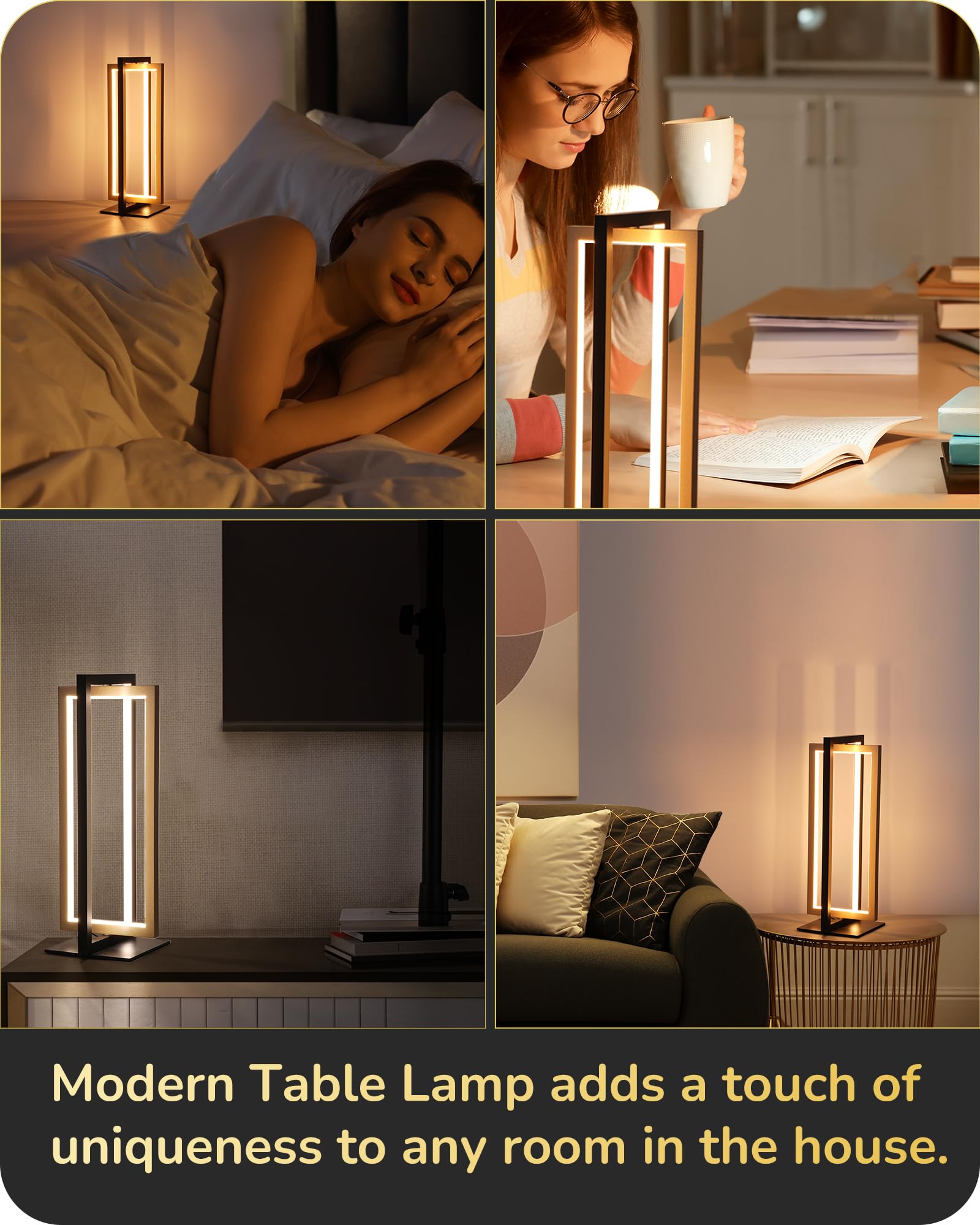 EDISHINE LED Table Lamp, 3 Color Temperatures Bedside Lamp (3000K 4500K 6000K), 750LM Stepless Dimmable Nightstand Lamp for Living Room Bedroom Office, Dual-Frame Rectangle, Angle Adjustable