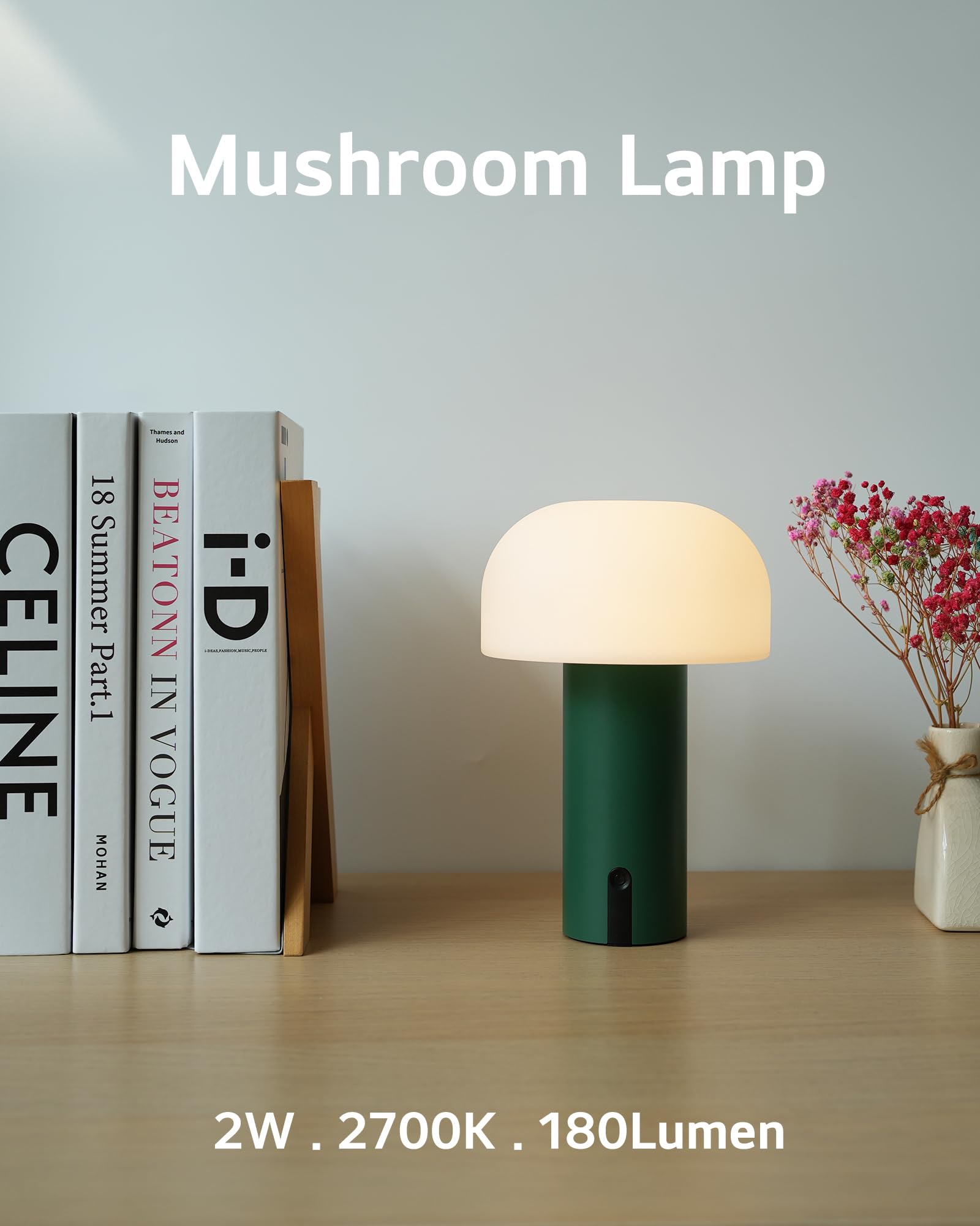 WEILAILUX Cordless Mushroom Table Lamp, Waterproof Shower Lamp, Battery Operated Table Lamp Rechargeable, Touch Dimmable Night Light for Bedroom/Patio/Camping/Dinning/Outdoor (Green)