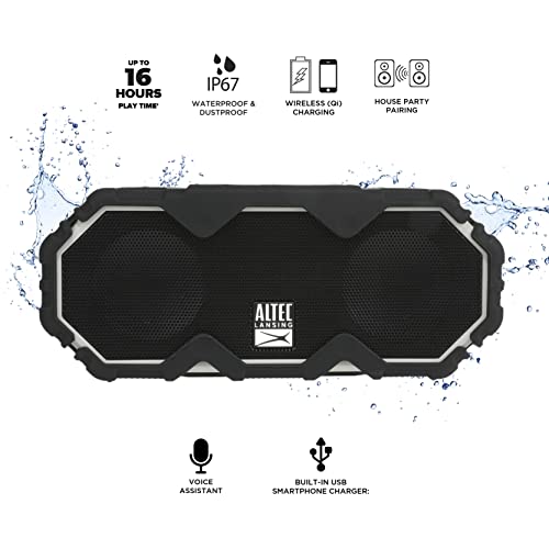 Altec Lansing Mini LifeJacket Jolt Bluetooth Speaker with Qi, Wireless, Waterproof, Portable, Speakers, Loud Volume, Strong Bass, Rich Stereo System, Microphone, 16 Hour Battery, 100 ft Range, Gray