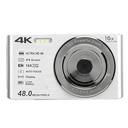 4k Digital Camera, Portable Compact Camera, 2.8 inch Screen, 16X Digital Zoom, 48 Megapixels, 4k Video Resolution, Built in Fill Flash, Suitable for Teenage Beginners (Silver)