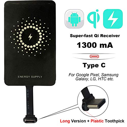 MyMAX β Type C 1300mA Super-Fast Qi Wireless Charging Receiver and Adapter Compatible with Google Pixel, Samsung, LG, and Other USB-C Android Phones (Long Version, Plastic Toothpick)