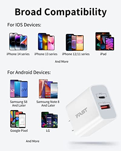 Power-7 Fast USB C Charger, 2-Pack 20W PD + Quick Charger Dual Port Type C Wall Charger Block Plug Compatible with iPhone 14/14 Plus/14 Pro/14 Pro Max/13/13 Pro Max/12/11/XS/XR/X/8, iPad, AirPods