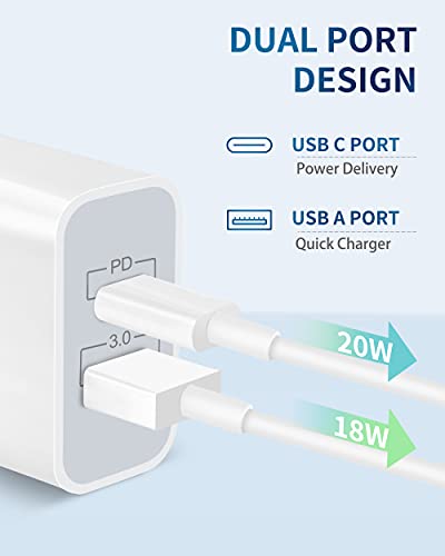 Power-7 Fast USB C Charger, 2-Pack 20W PD + Quick Charger Dual Port Type C Wall Charger Block Plug Compatible with iPhone 14/14 Plus/14 Pro/14 Pro Max/13/13 Pro Max/12/11/XS/XR/X/8, iPad, AirPods
