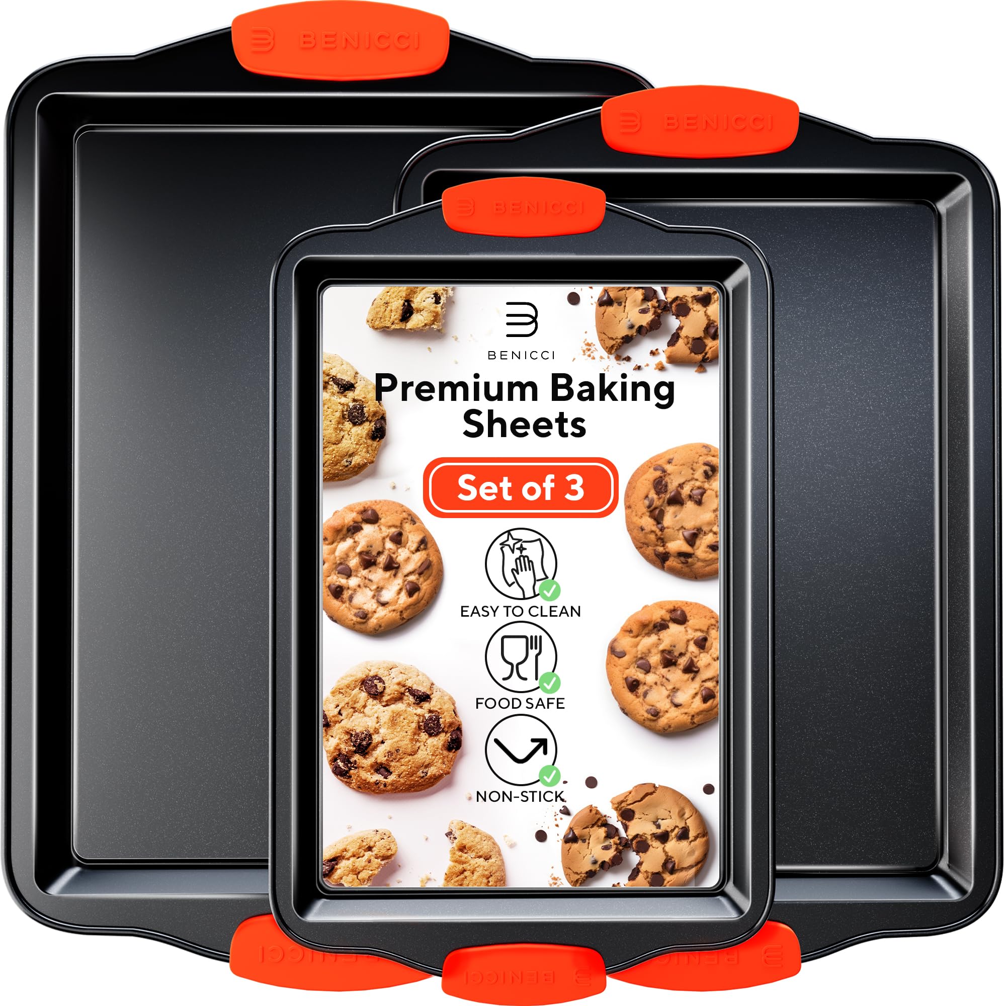 Premium Non-Stick Baking Sheets Set of 3 - Deluxe BPA Free, Easy to Clean Racks w/ Silicone Handles - Bakeware Pans for Cooking Baking Roasting - Lets You Bake The Perfect Cookie or Pastry Every Time